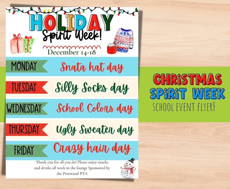 Holiday Spirit Week School Flyer. Festive Spirit Week PTO Flyer ...