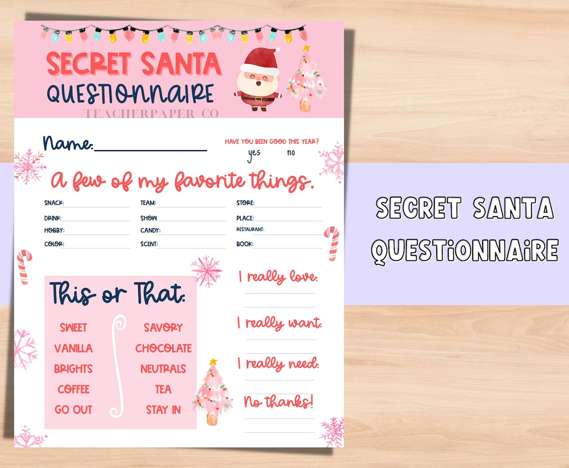Secret Santa Questionnaire Printable Secret Santa Form. Pastel Secret ...