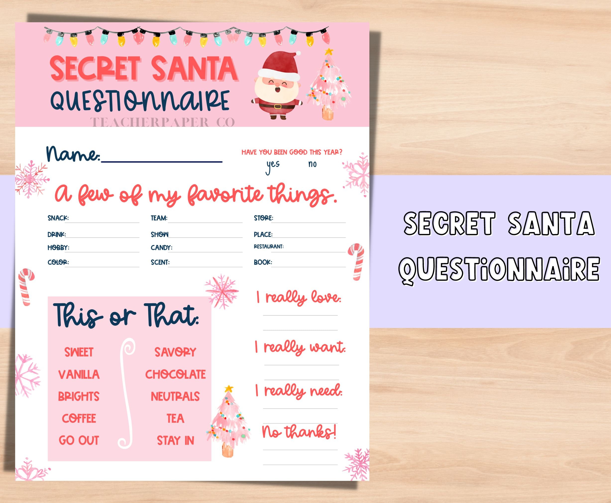 Secret Santa Questionnaire Printable Secret Santa Form. Pastel Secret ...