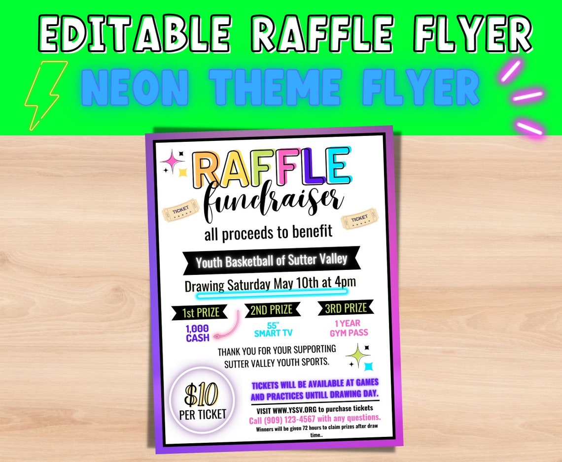 Raffle Flyer Editable Template. Neon Theme Soccer, Church, Community ...