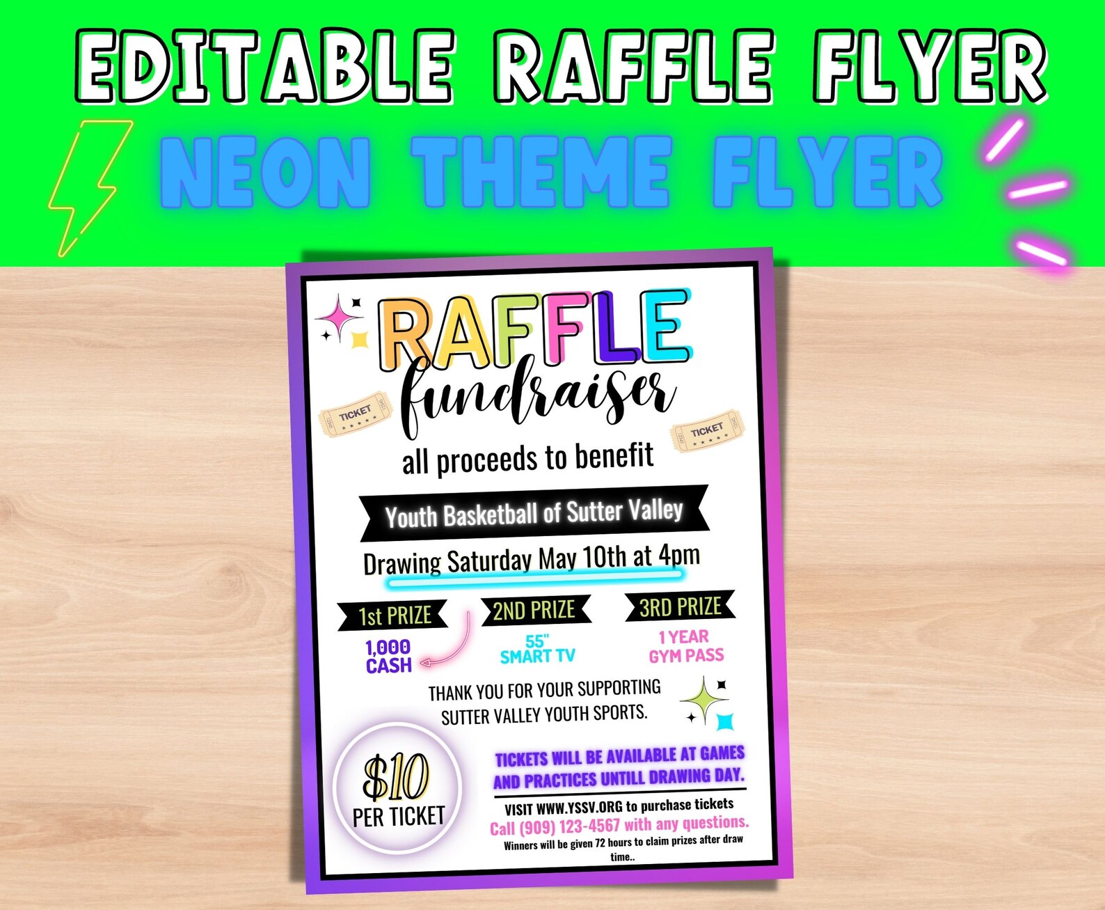 Raffle Flyer Editable Template. Neon Theme Soccer, Church, Community ...