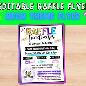 Raffle Flyer Editable Template. Neon Theme Soccer, Church, Community ...