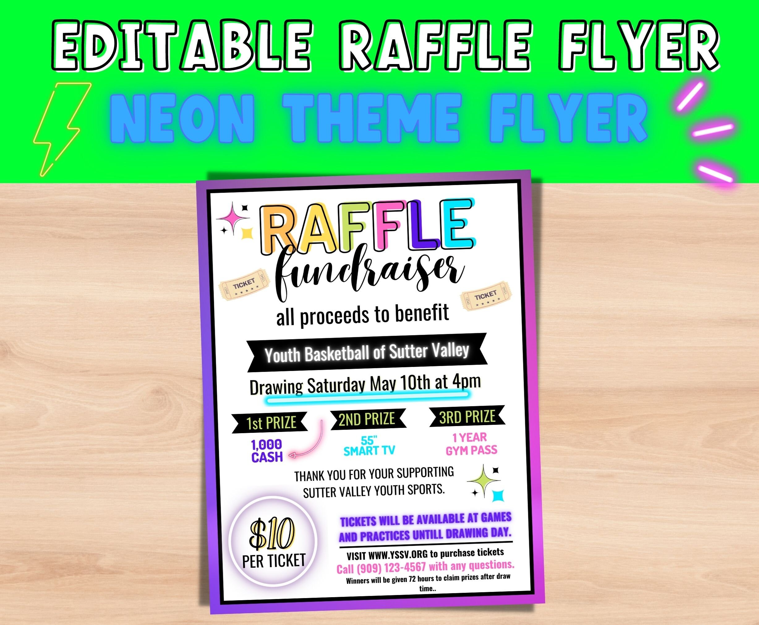 Raffle Flyer Editable Template. Neon Theme Soccer, Church, Community ...