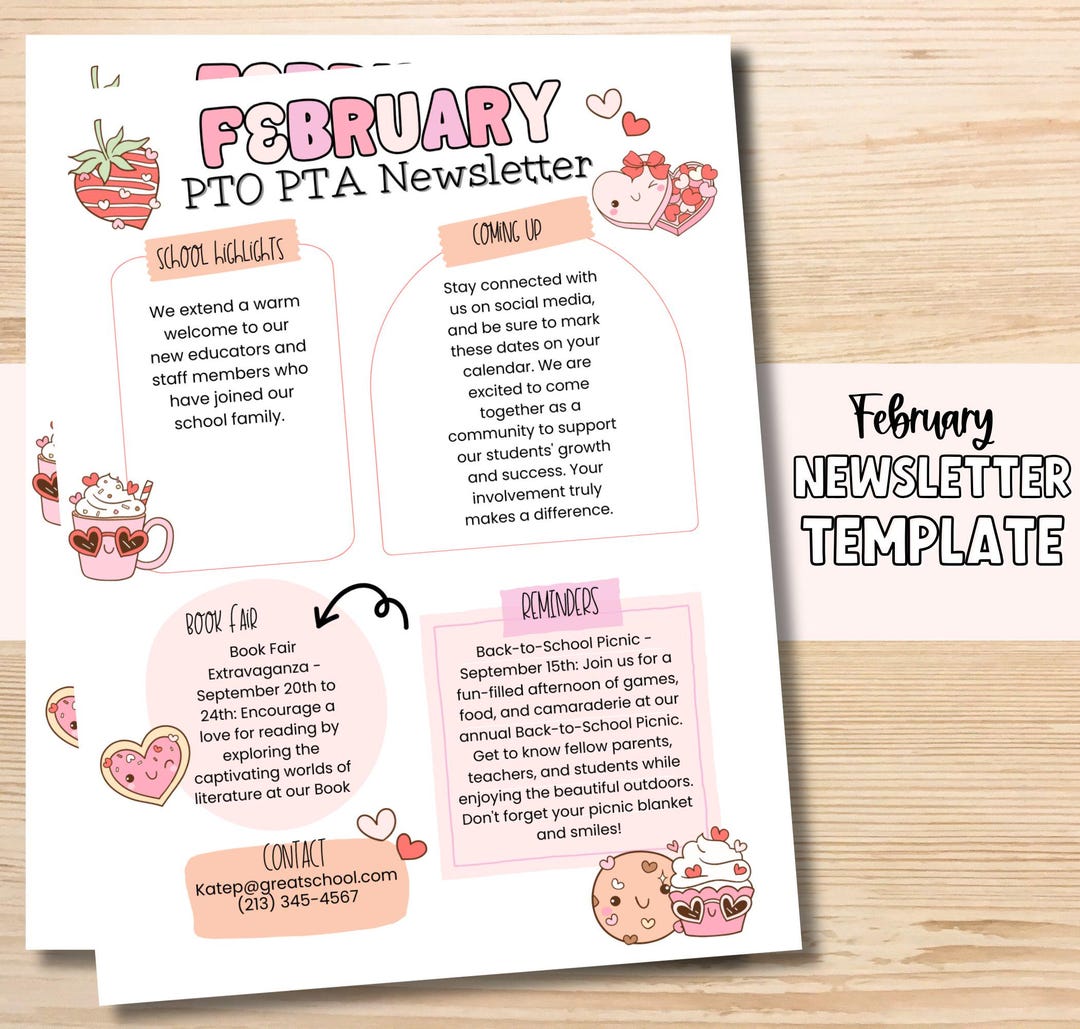 February PTO/PTA NEWSLETTER Editable Template | Valentine Printable ...