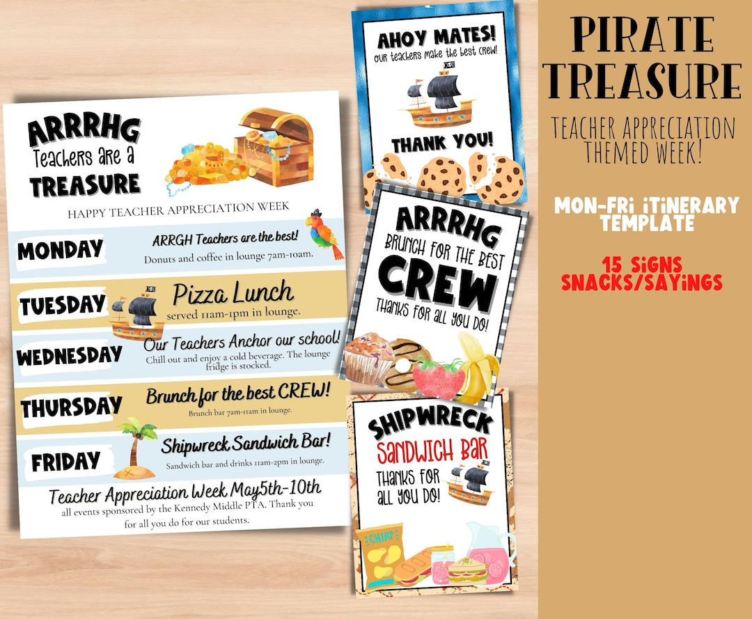 Pirate Themed Teacher Appreciation Week ITINERARY Schedule and Treat ...