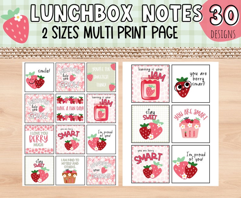 Printable Lunchbox Notes for Kids Strawberry Lunch Notes. - Etsy