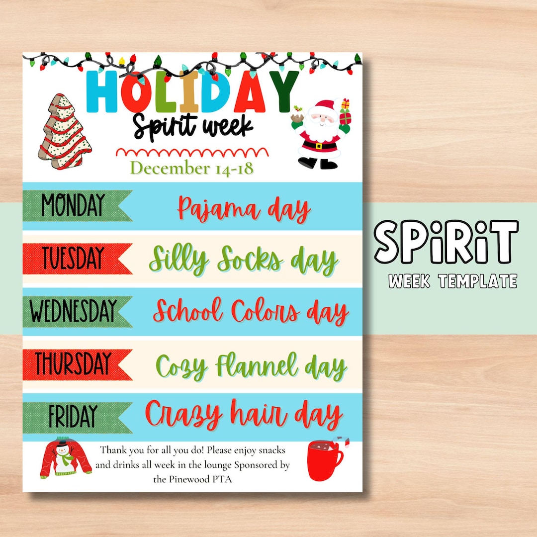 Christmas Holiday Spirit Week School Flyer. Festive Spirit Week PTO ...