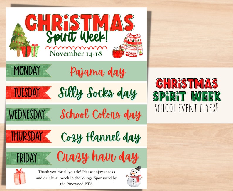 Christmas Spirit Week School Flyer. Holiday Spirit Week PTO Flyer ...