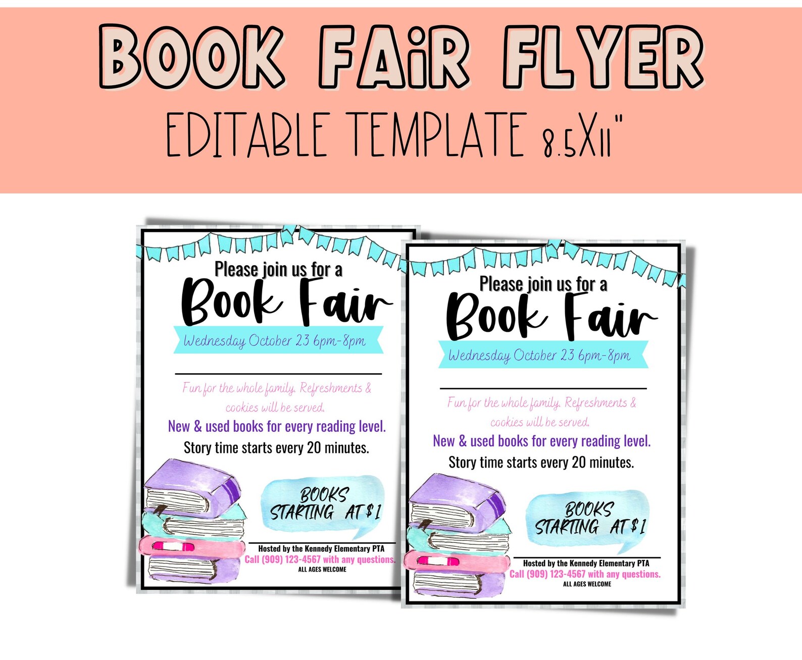 Book Fair Flyer Editable Template. Bright Spring Book Sale - Etsy