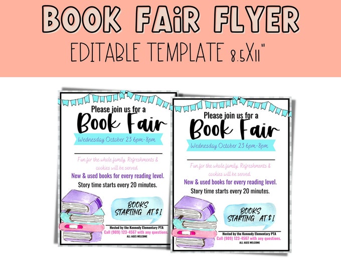 Book Fair Editable Flyer, School PTO/PTA Fundraiser Invitation, Book ...