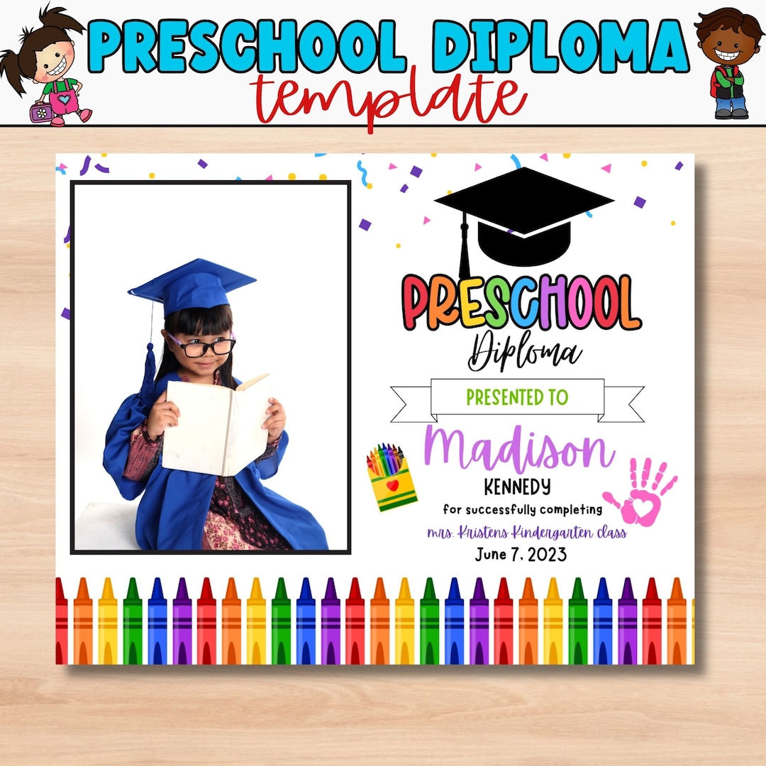 Editable Preschool Diploma With Photo, Personalized Graduation ...