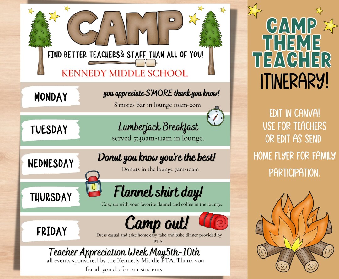 Camp Theme Weekly Itinerary for Teacher Appreciation Week. Flyer for ...