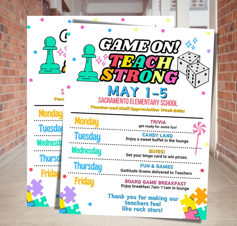 Board Game Theme Weekly Itinerary for Teacher Appreciation Week. Flyer ...