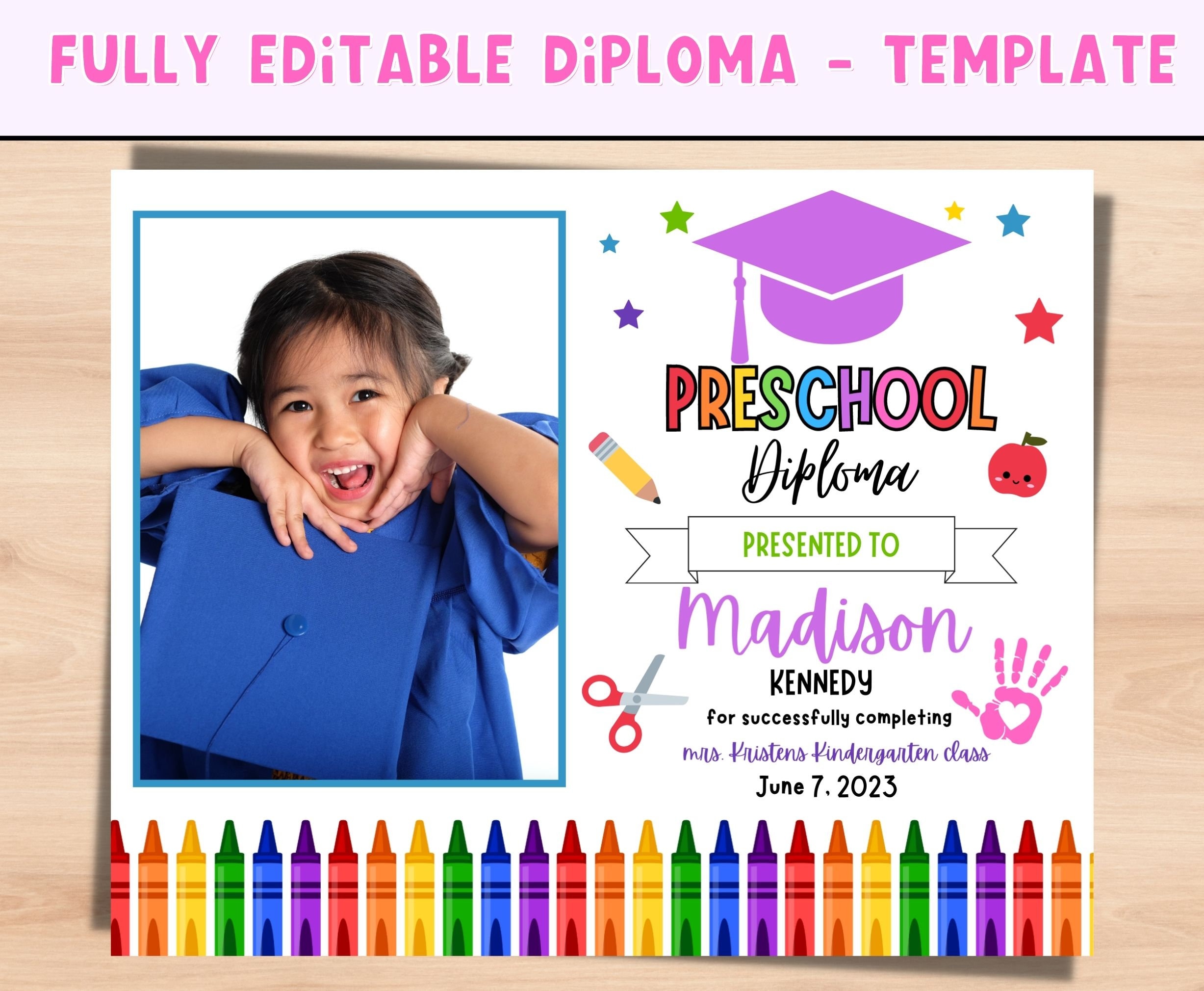 Gradation Diploma. Editable Preschool Diploma With Photo, Personalized ...