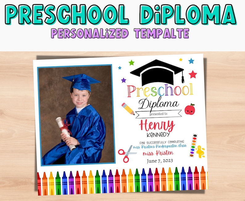 Editable Preschool Diploma With Photo Personalized Graduation - Etsy UK
