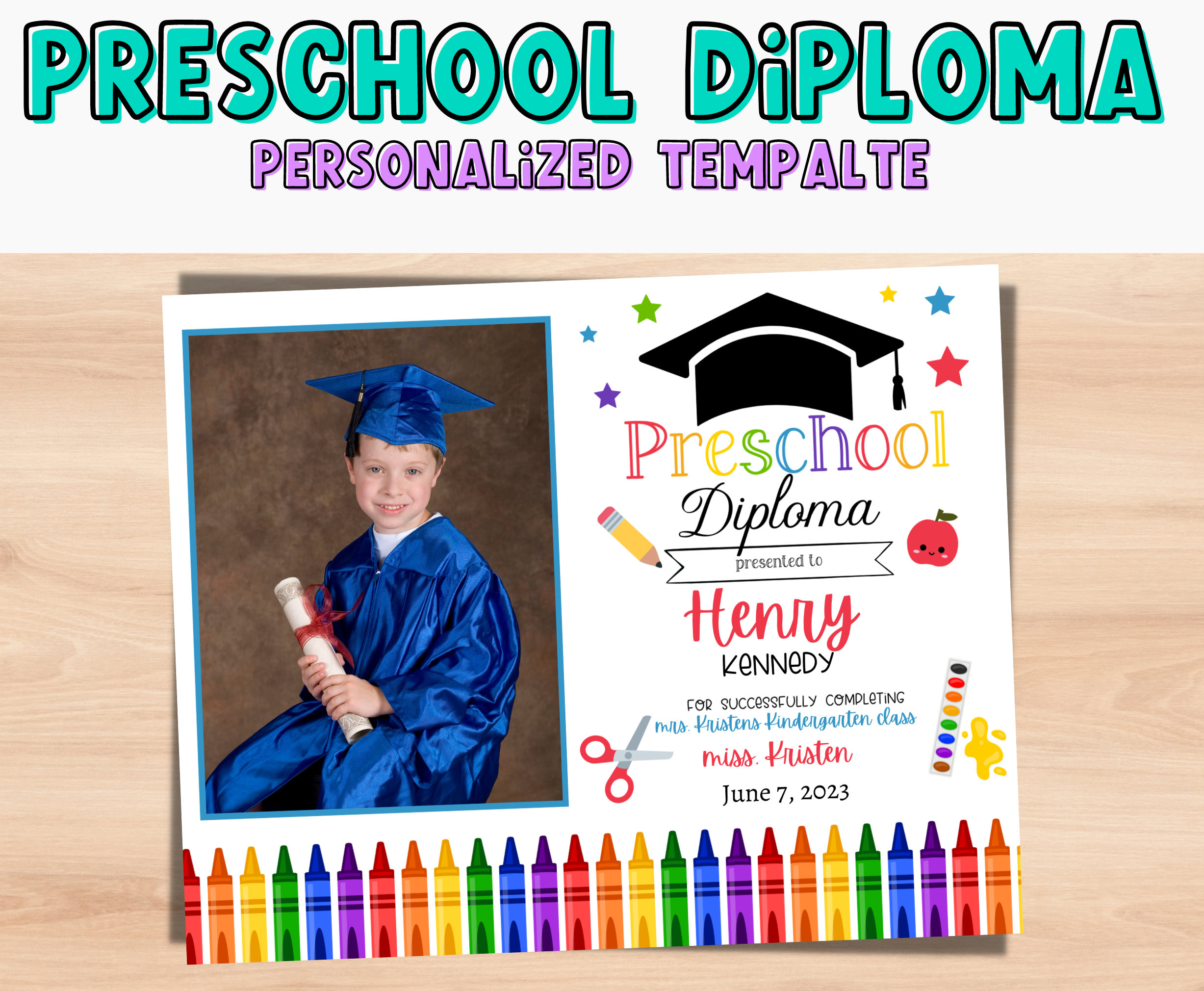Editable Preschool Diploma With Photo Personalized Graduation - Etsy UK