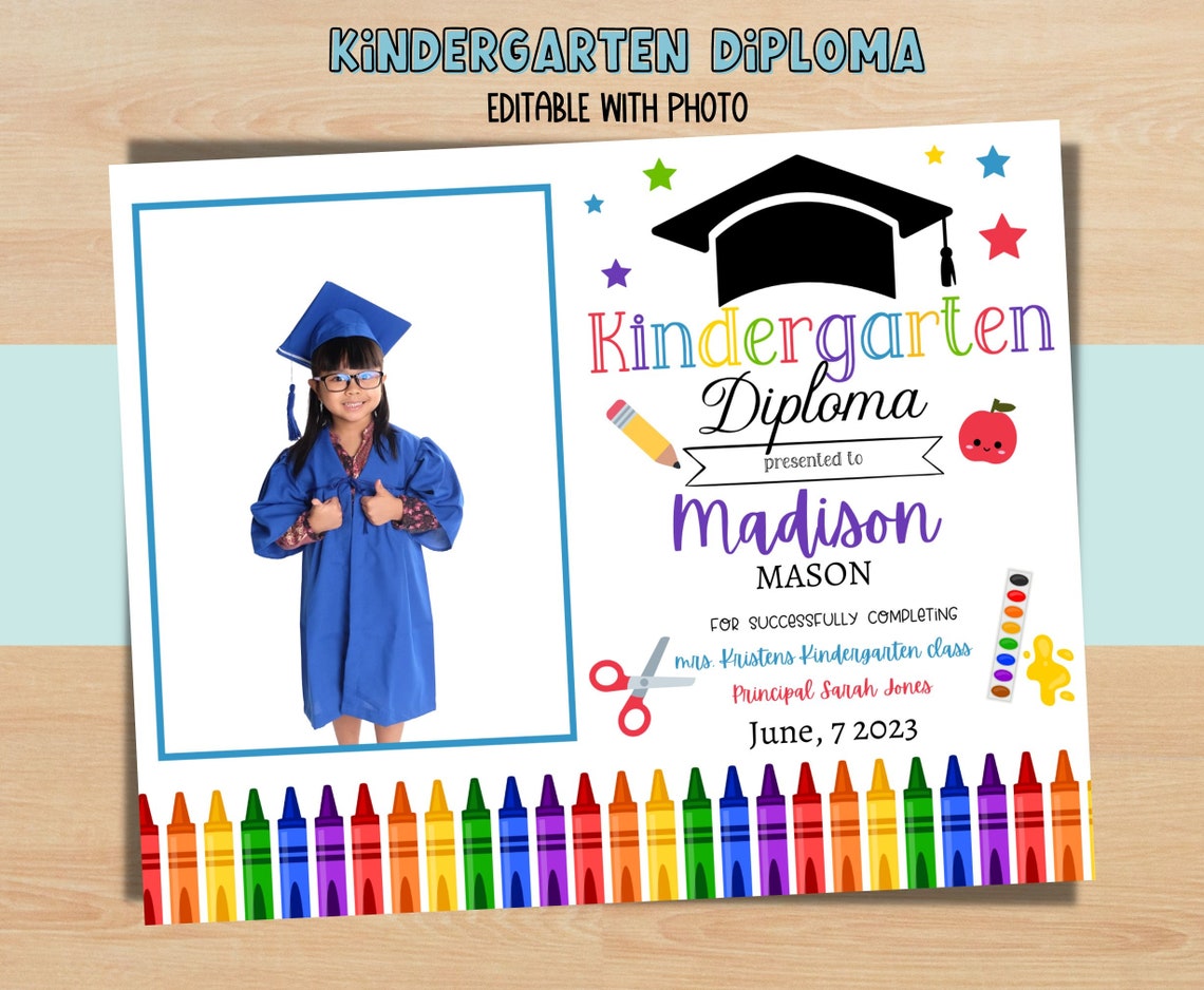 Editable Kindergarten Diploma With Photo, Personalized Graduation ...