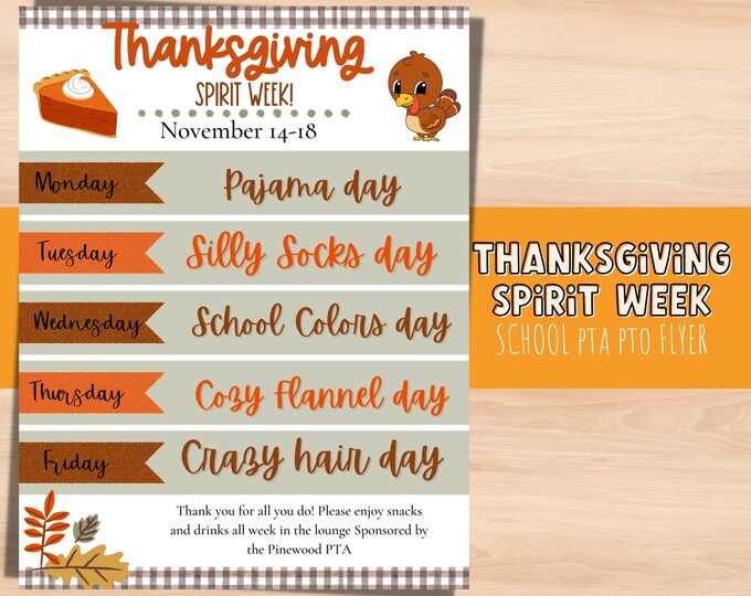 Editable Thanksgiving Spirit Week Flyer Canva Template Fall School ...