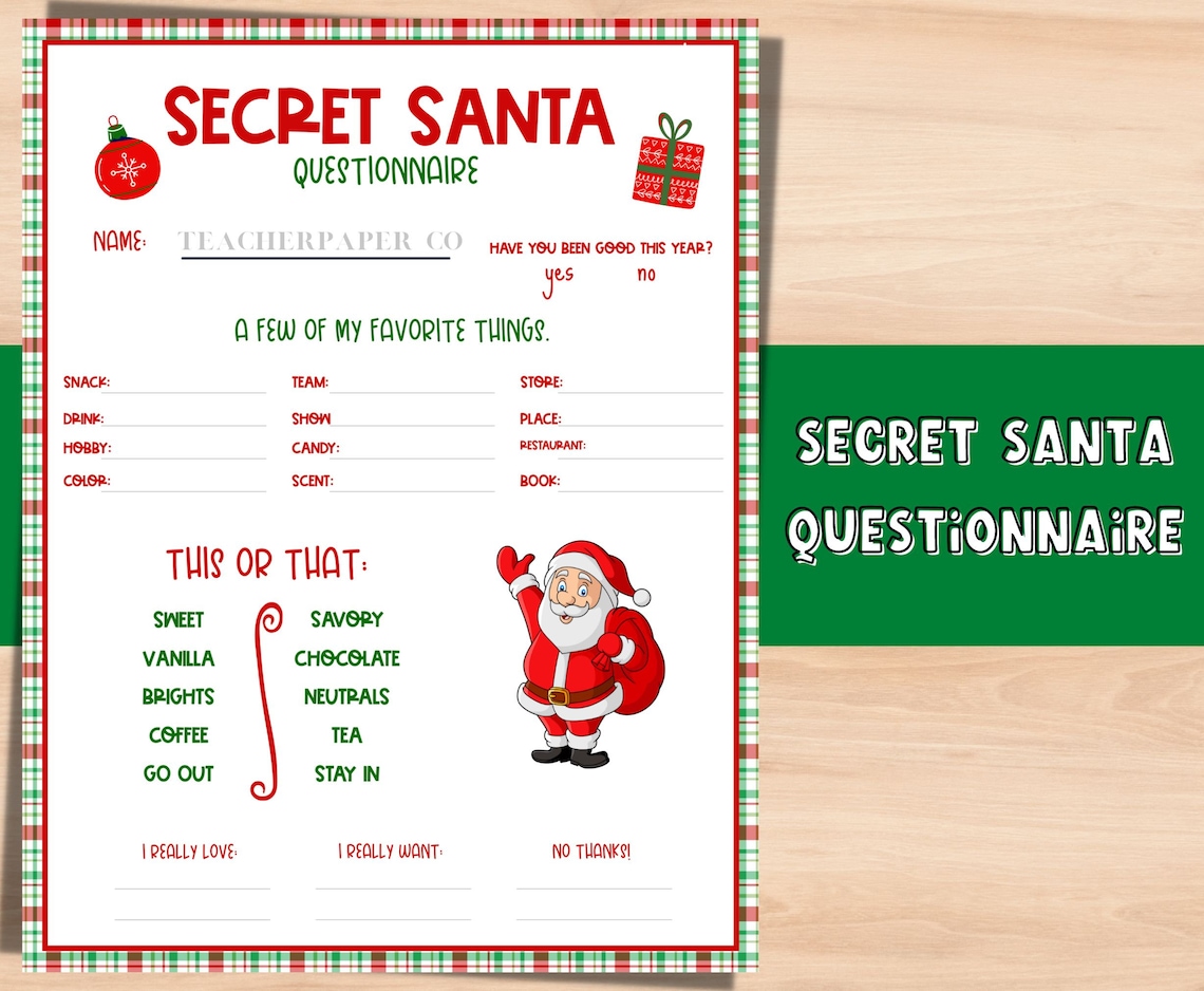 Secret Santa Questionnaire Printable Secret Santa Form. Secret Santa ...