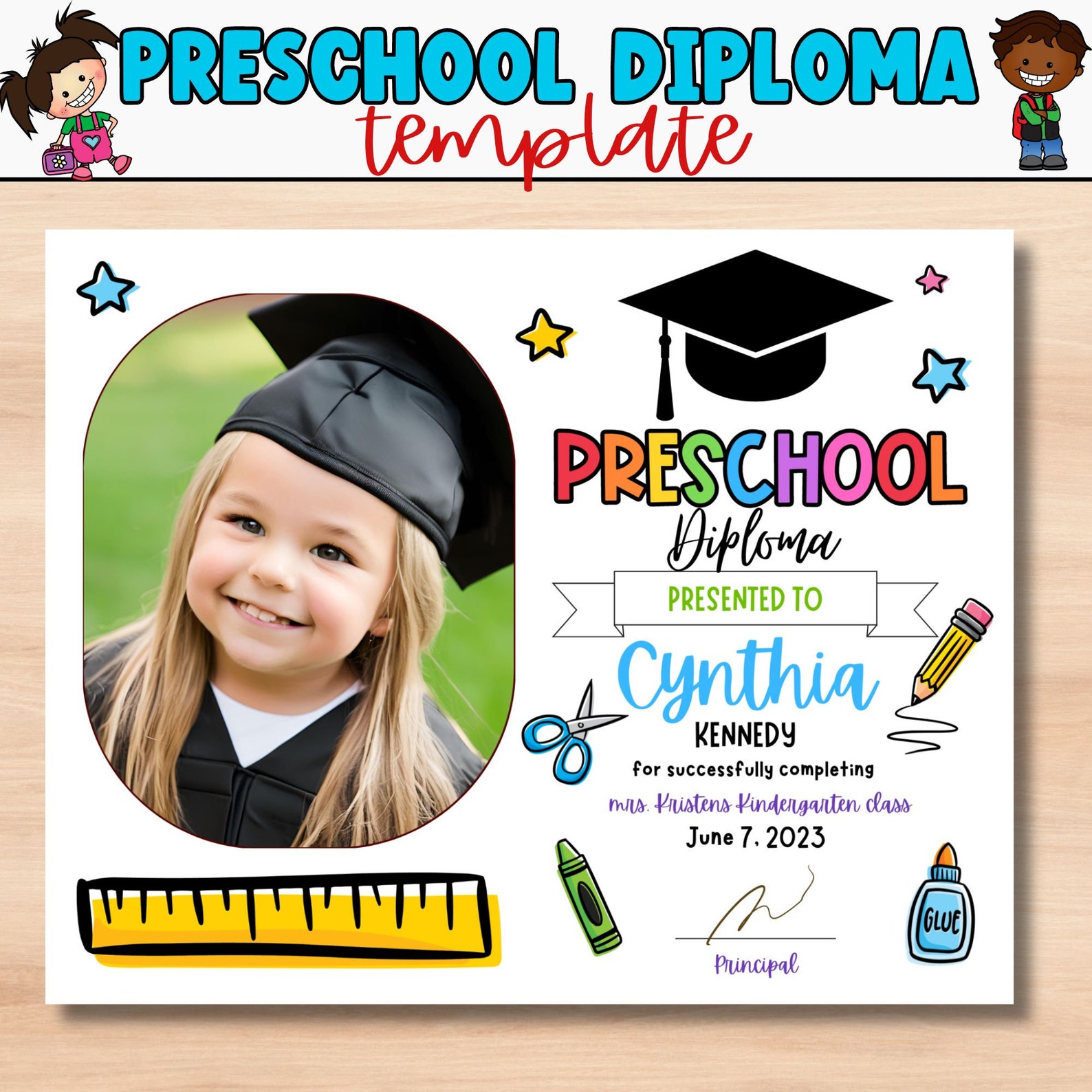 Editable Preschool Diploma With Photo, Personalized Graduation ...