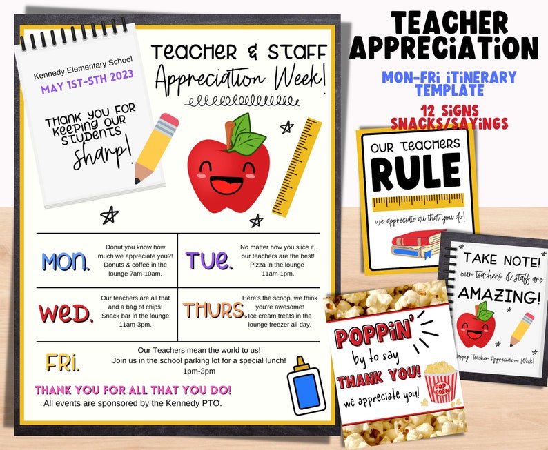 Teacher Appreciation Week ITINERARY Schedule and Treat Signs. Teacher ...