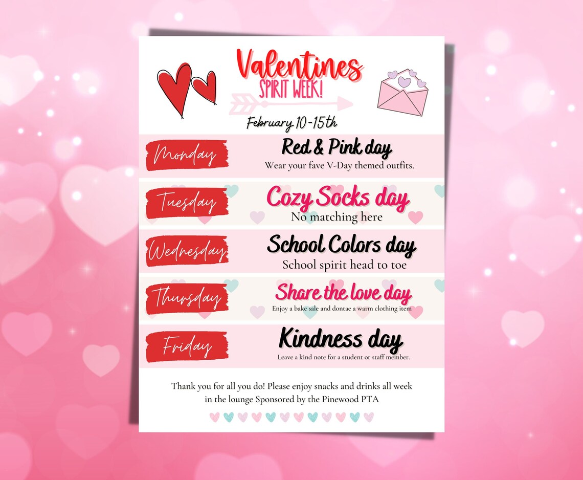 Valentines Spirit Week School Flyer. Festive Spirit Week PTO - Etsy
