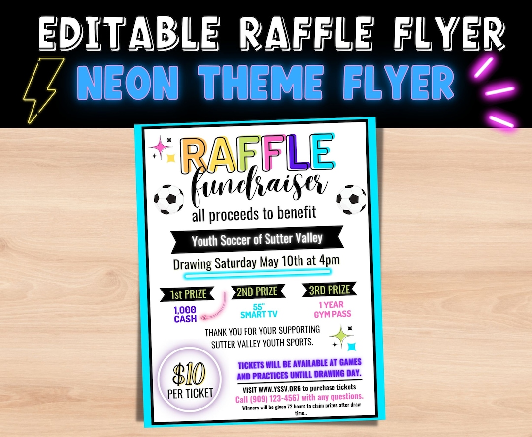 Raffle Flyer Editable Template. Neon Theme Soccer, Church, Community ...