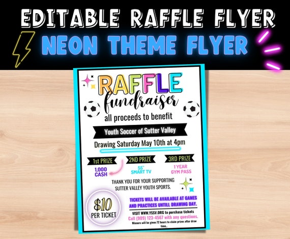 Raffle Flyer Editable Template. Neon Theme Soccer Church - Etsy