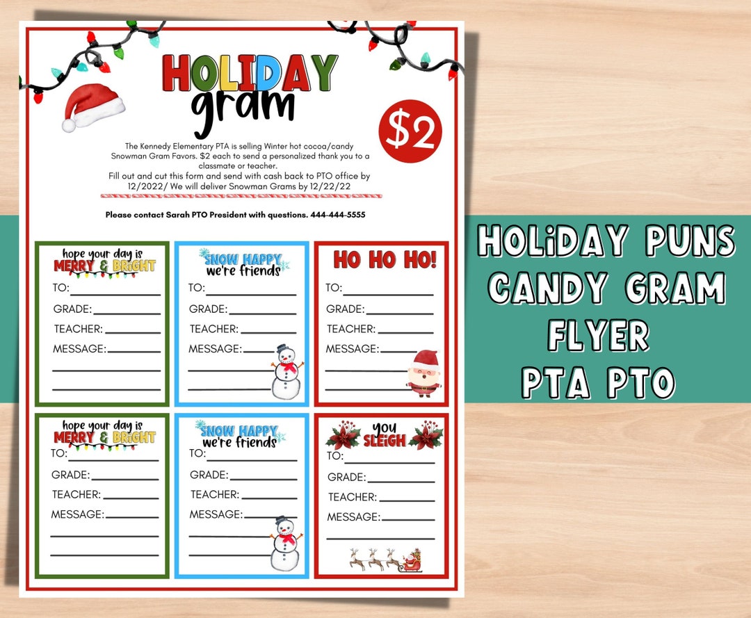 HOLIDAY Puns Candy Fundraising Flyer for PTA. Candy Cane Gram Holiday ...