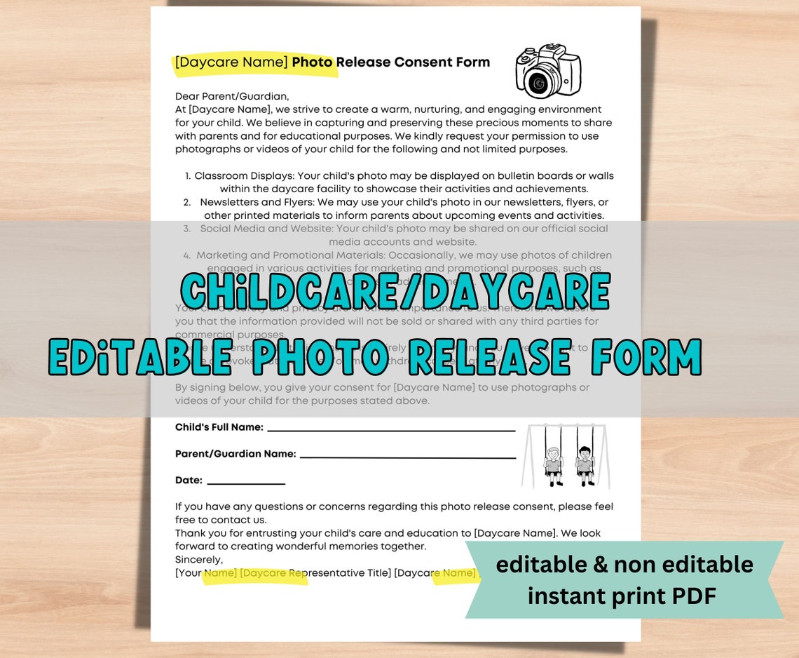 Printable Photo Release Form for Daycare Template - Editable Consent ...