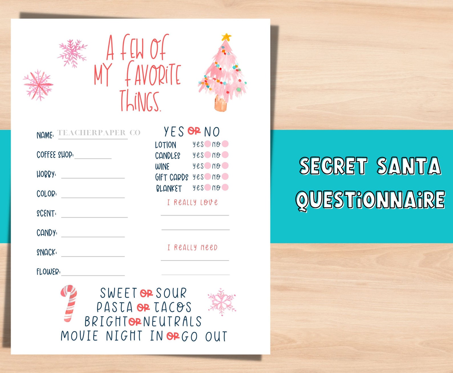 Teacher Christmas Wish List Secret Santa Questionnaire Printable Secret ...