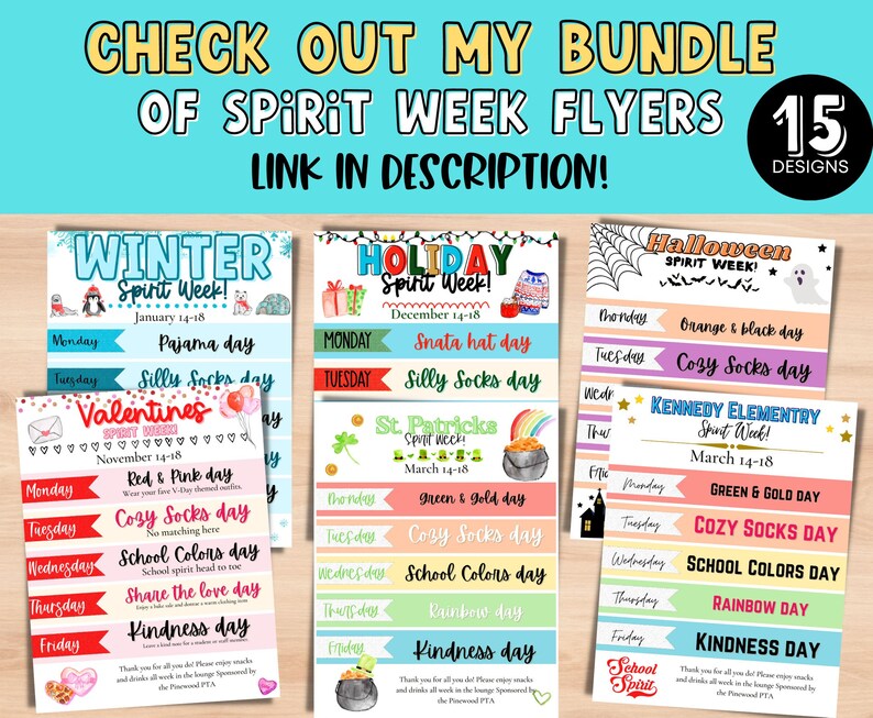 SCHOOL SPIRIT Week School Flyer. Bright Spirit Week PTO Flyer. Editable ...
