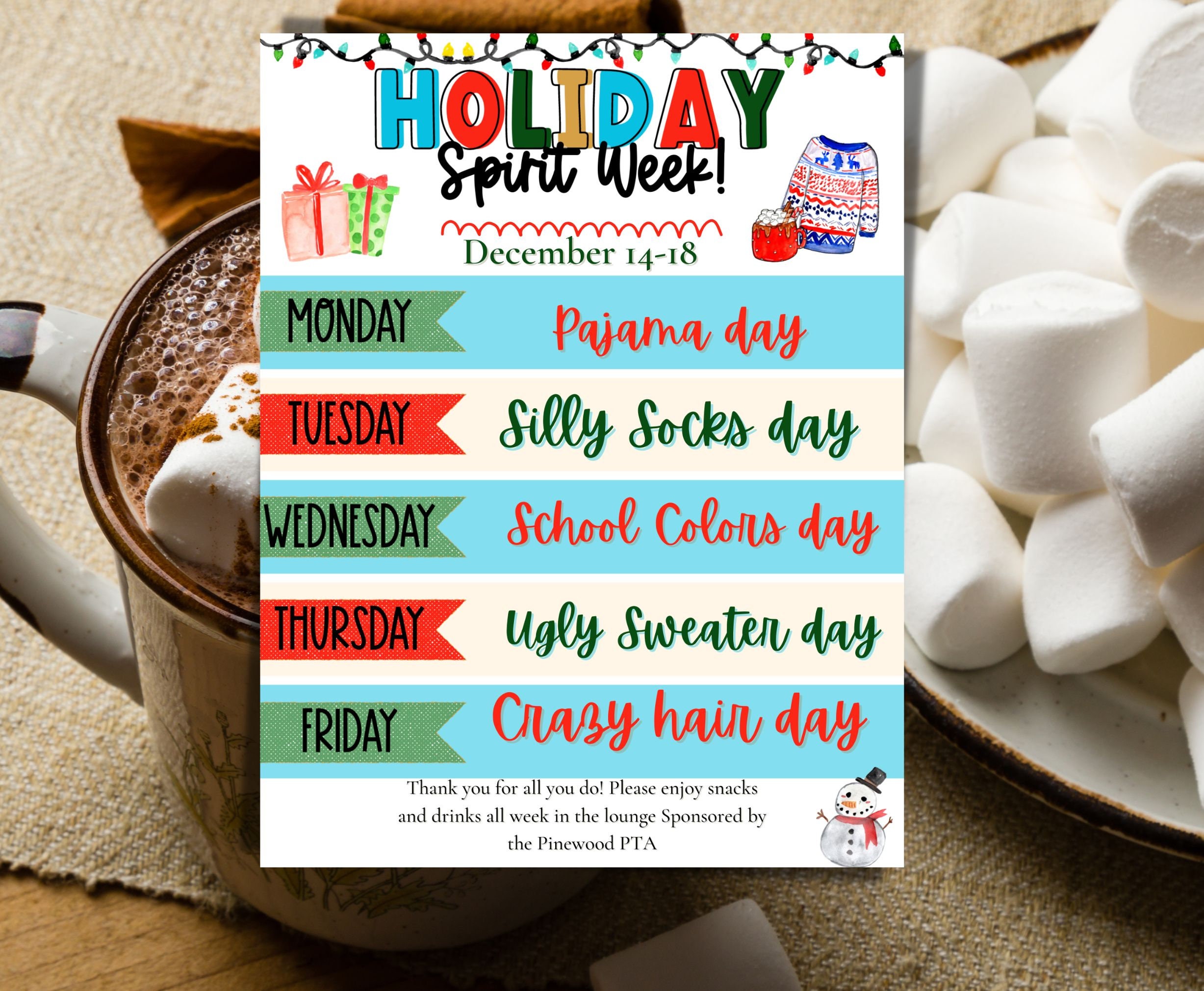 Holiday Spirit Week School Flyer. Festive Spirit Week PTO Flyer ...