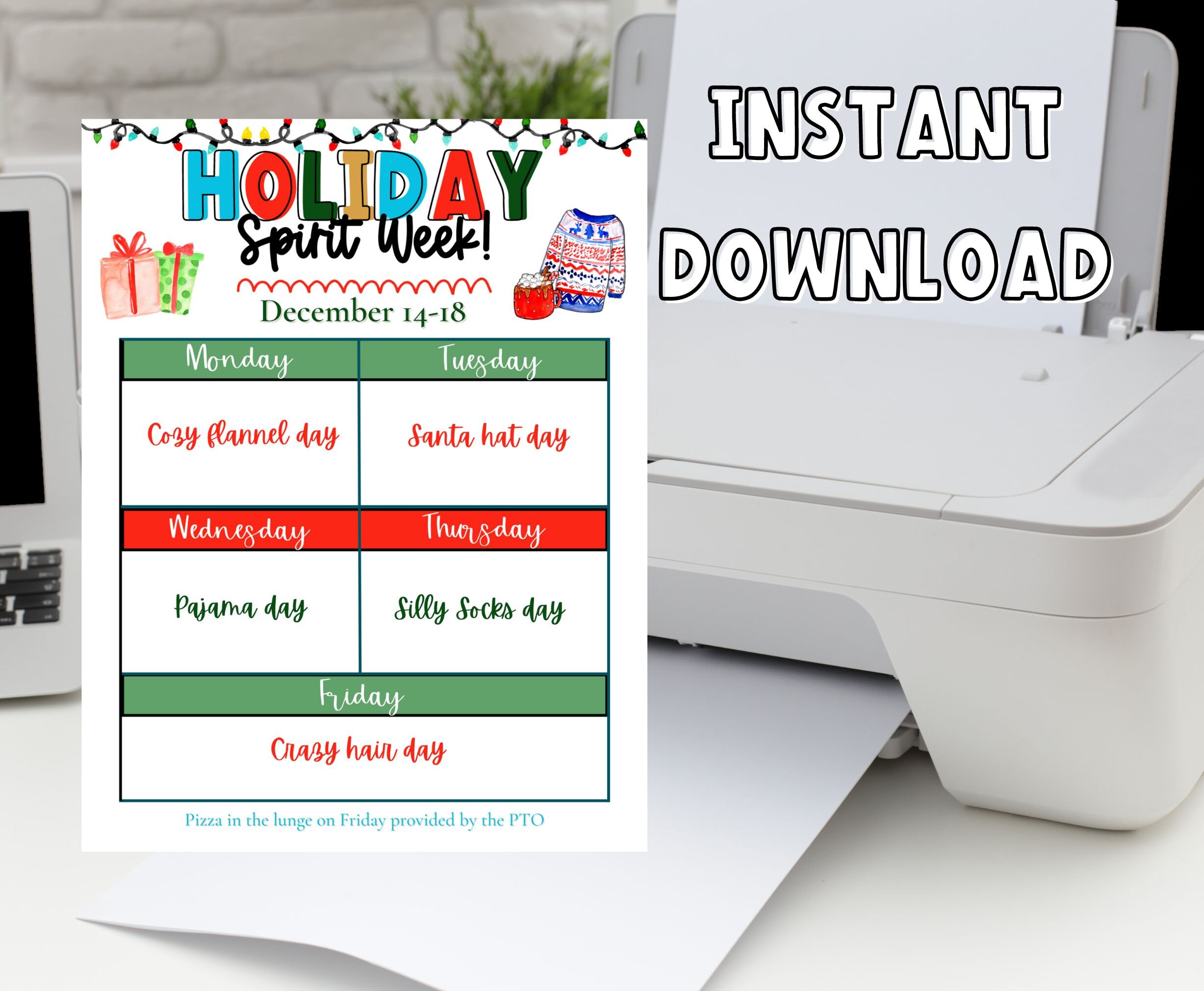 Holiday Spirit Week Itinerary School Flyer. Festive Spirit Week PTO ...