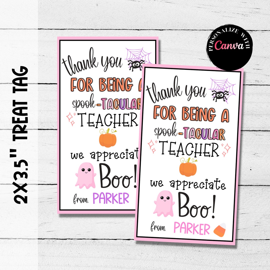 Personalized Halloween Pink Teacher Appreciation Gift Tag 2.5"x3.5 ...