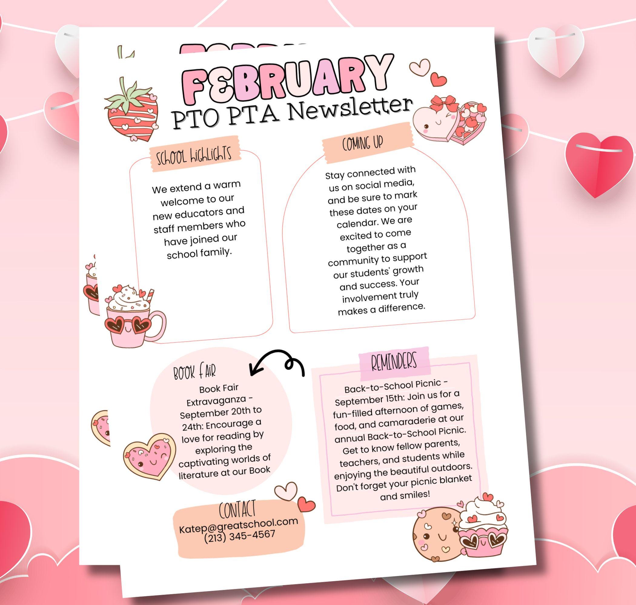 February PTO/PTA NEWSLETTER Editable Template | Valentine Printable ...