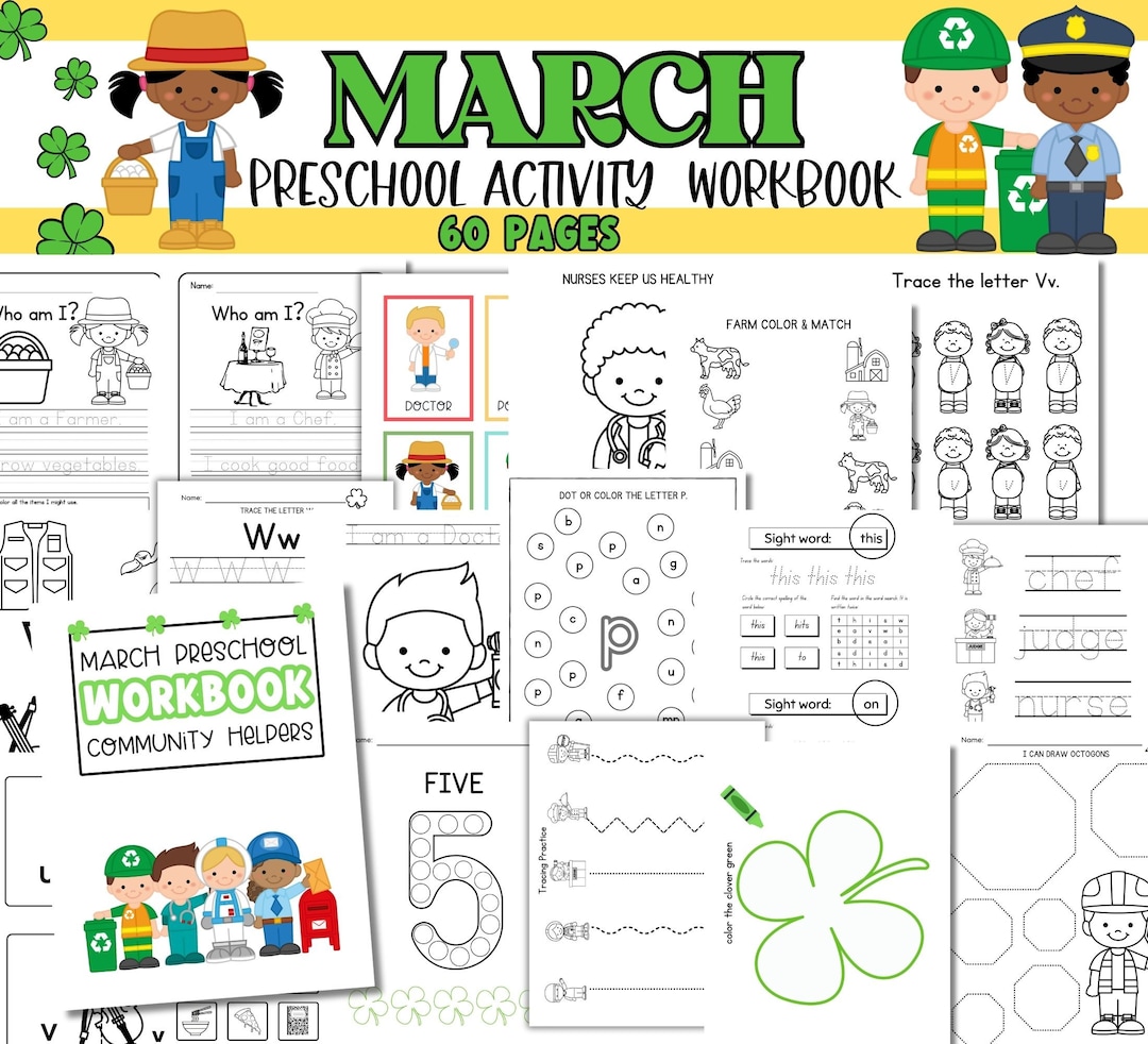 MARCH Preschool Workbook. St Patricks Activity. Community Helpers ...