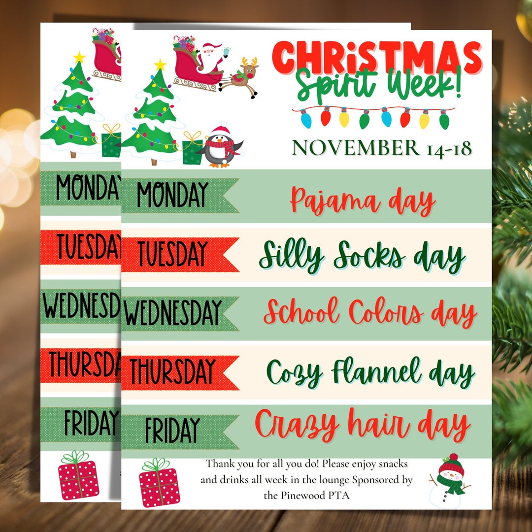 Christmas Spirit Week School Flyer. Holiday Spirit Week PTO Flyer ...