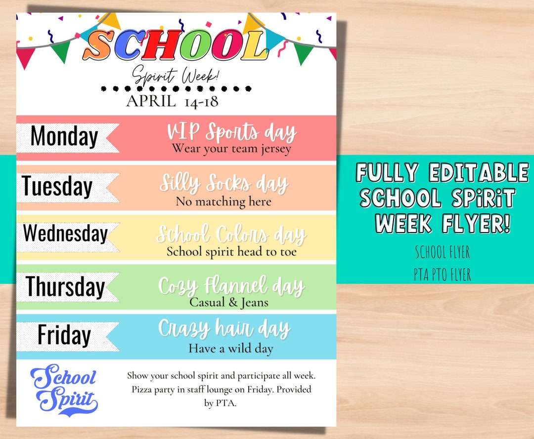SCHOOL SPIRIT Week School Flyer. Bright Spirit Week PTO Flyer. Editable ...