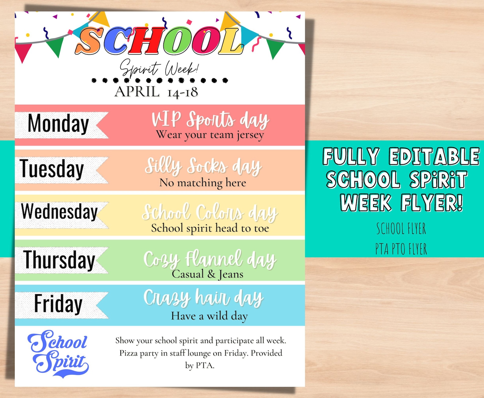 SCHOOL SPIRIT Week School Flyer. Bright Spirit Week PTO Flyer. Editable ...