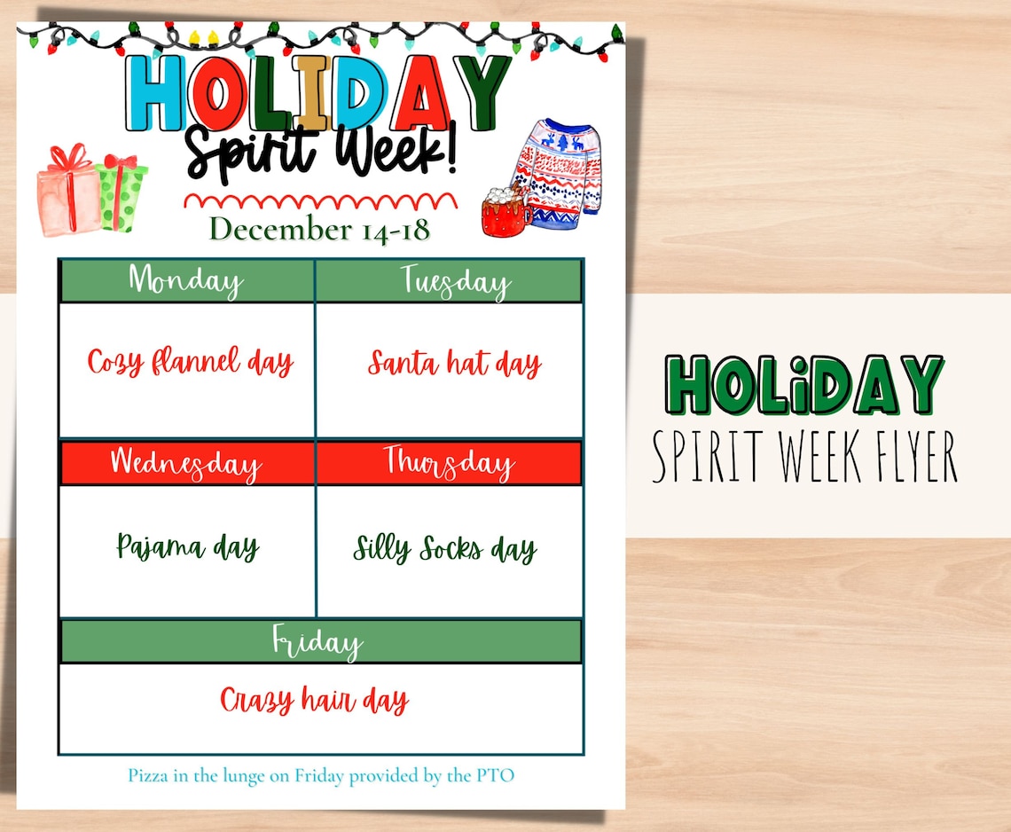 Holiday Spirit Week Itinerary School Flyer. Festive Spirit Week PTO ...