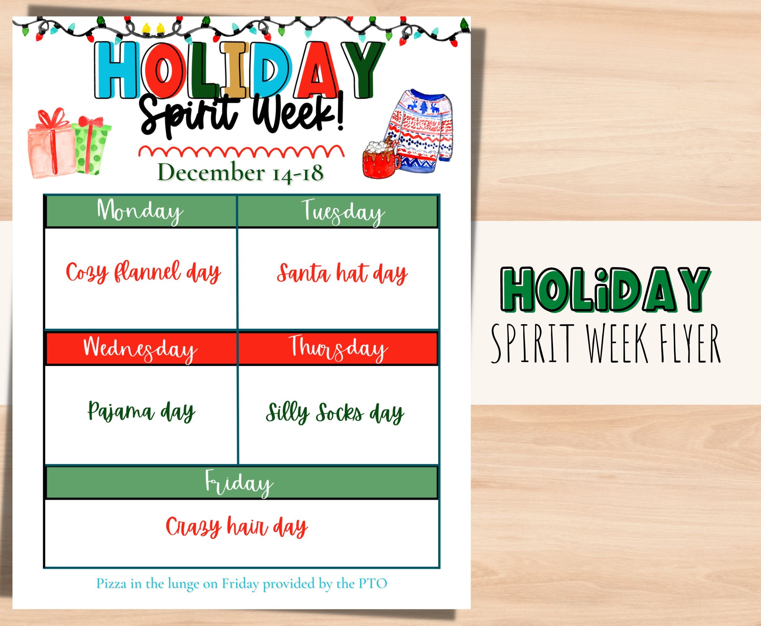 Holiday Spirit Week Itinerary School Flyer. Festive Spirit Week PTO ...