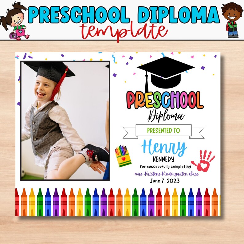 Editable Preschool Diploma With Photo, Personalized Graduation ...