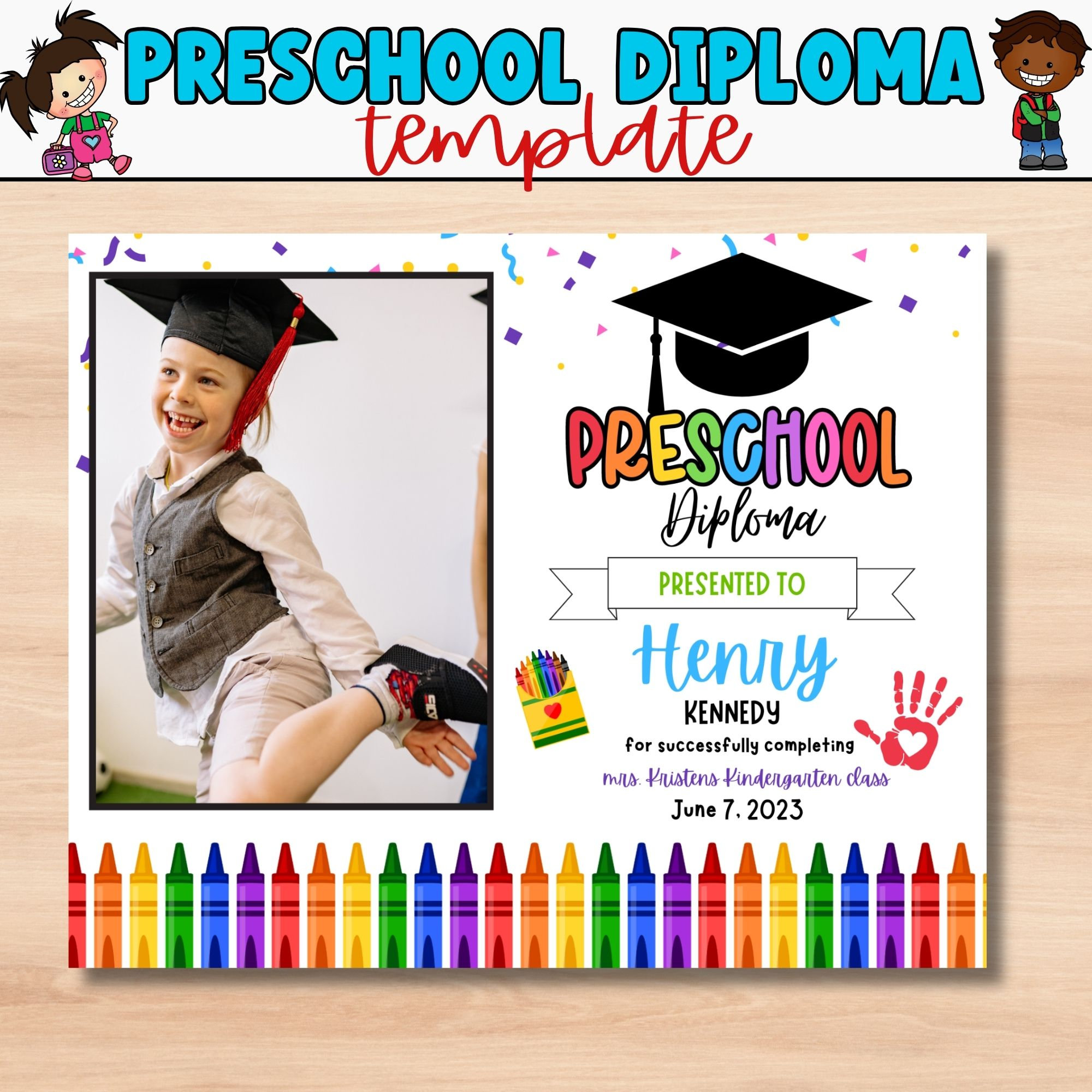 Editable Preschool Diploma With Photo, Personalized Graduation ...