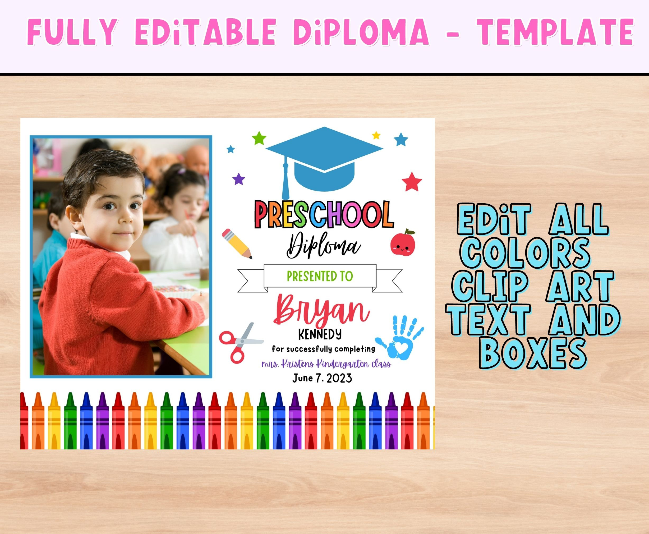 Gradation Diploma. Editable Preschool Diploma With Photo, Personalized ...