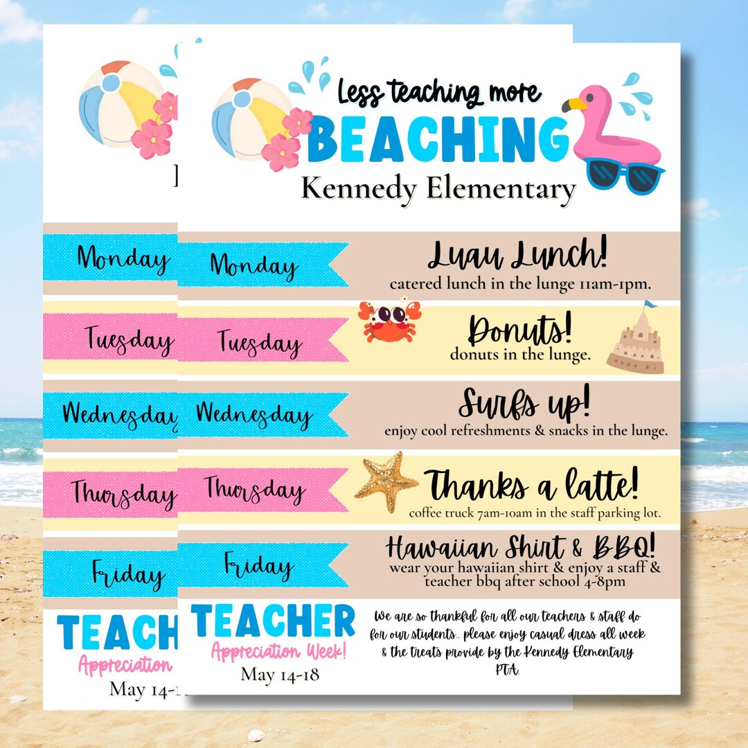 Beach Teacher Appreciation Week Itinerary | Editable Appreciation Week ...