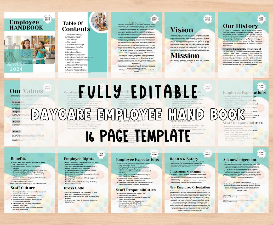 Printable Daycare Employee Handbook Form for Daycare Template Editable ...