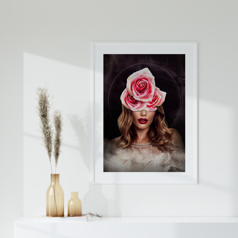 Rose Head Woman, Woman With Flower Head Painting, Lure, Wall Decor ...