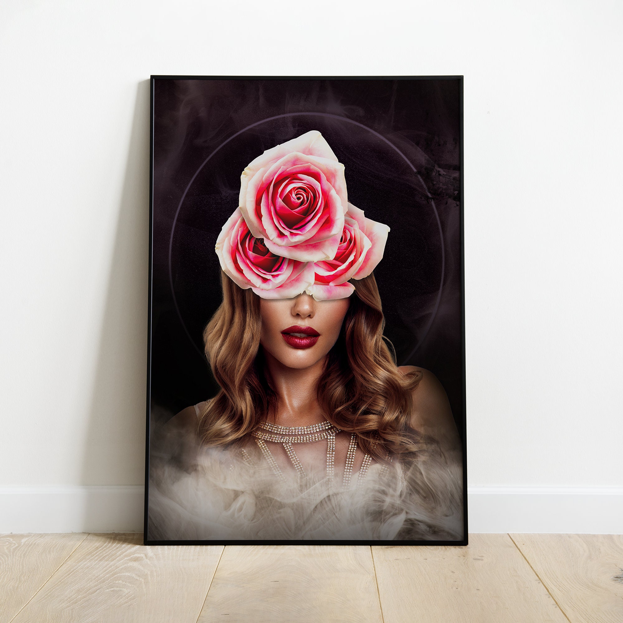Rose Head Woman, Woman With Flower Head Painting, Lure, Wall Decor ...