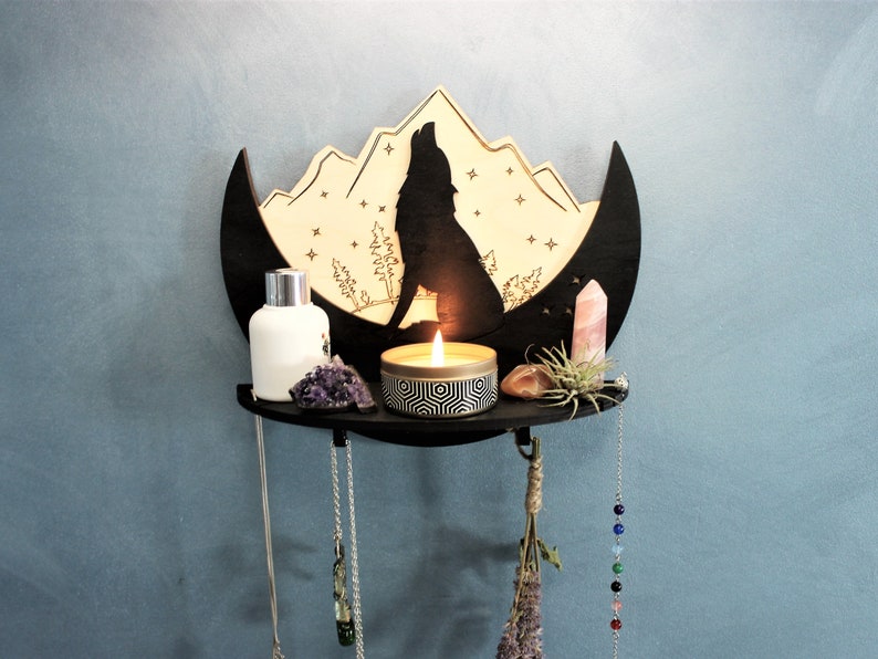 Howling Wolf Crescen Moon Altar Shelf: Crystal Display & Jewelry ...